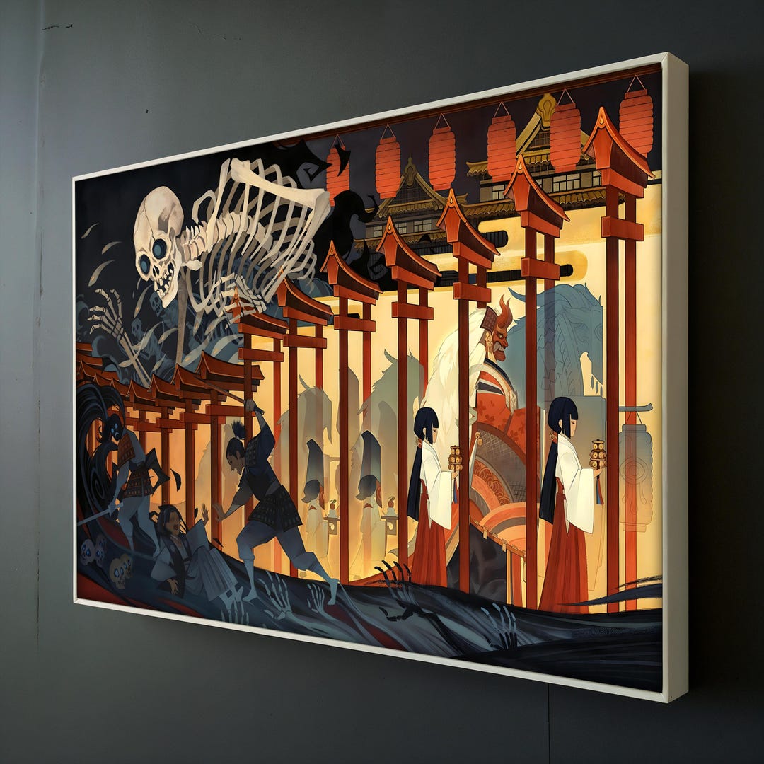 Samurai Battle With Japanese Spirits Canvas Wall Art - Fantasy Yokai ...