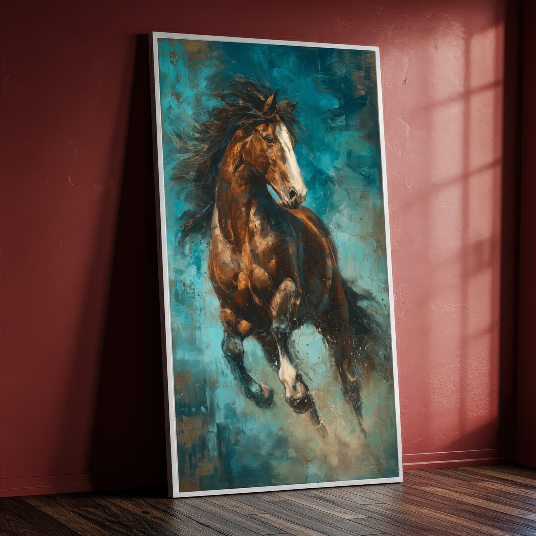 Dynamic Running Horse Painting, Brown Stallion Canvas Wall Art, Rustic ...