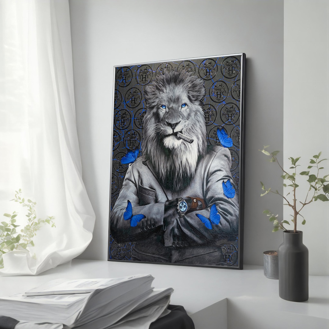 Blue Eyed Lion Smoking Cigar Canvas Print, Striking Businessman Lion ...