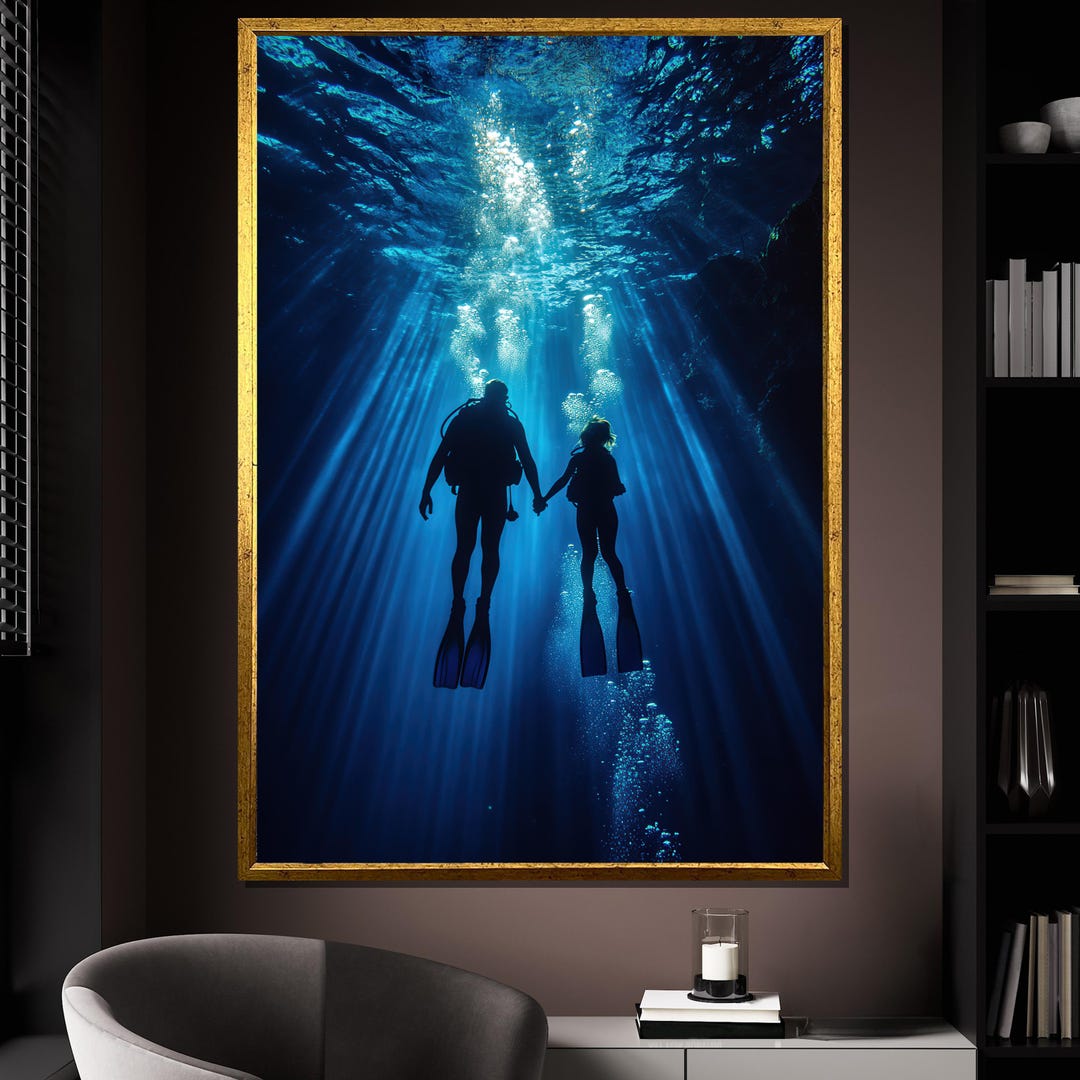 Scuba Diving Canvas Painting, Deep Sea Adventure Wall Art, Couple ...