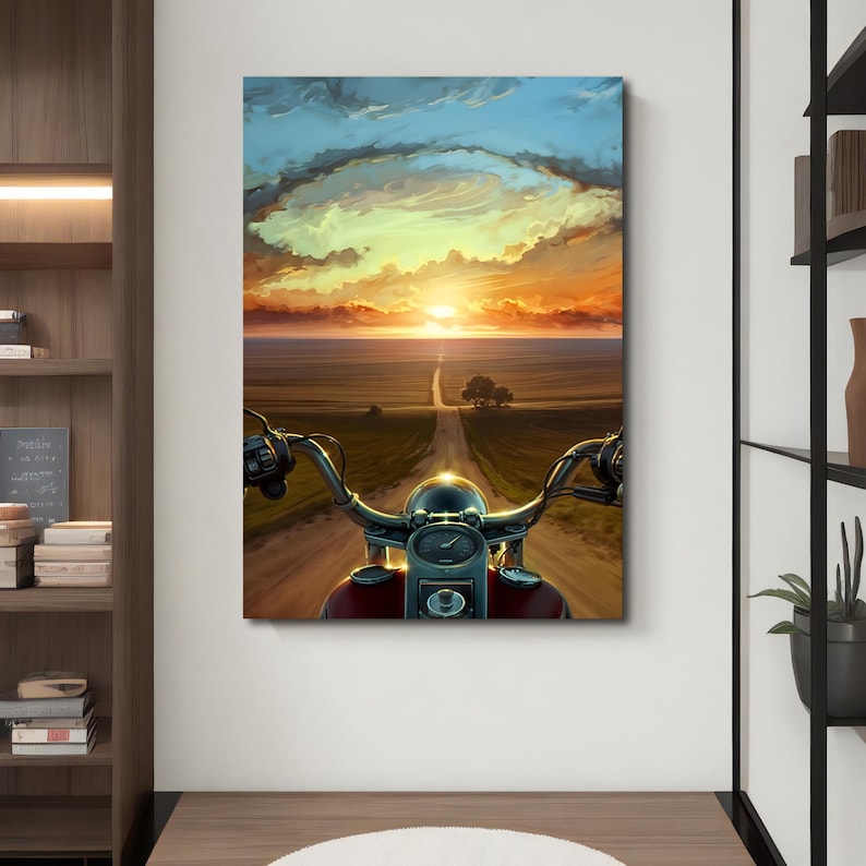 Sunset Motorcycle Canvas Painting, Sunset Wall Art, Long Journey ...