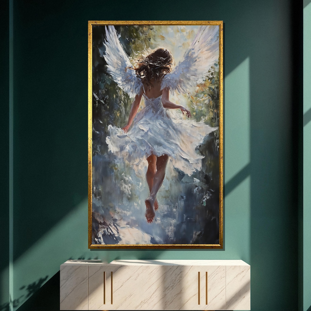 Flying Angel Canvas Painting, Guardian Angel Wall Art, Ethereal Angelic ...