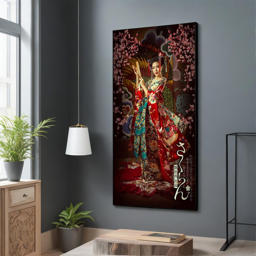 Dancing Geisha in Japanese Kimono Canvas Painting, Ancient Temple ...