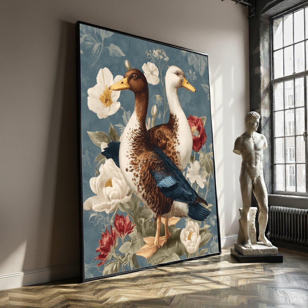 Vintage Ducks and Floral Bouquet Canvas Art, Nature Wildlife Wall Art ...