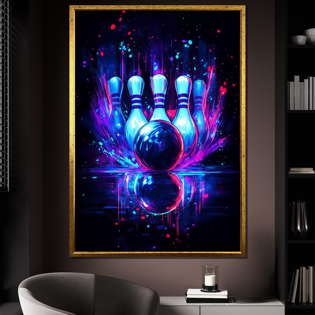 Neon Bowling Canvas Painting, Glow in the Dark Sports Art, Modern ...