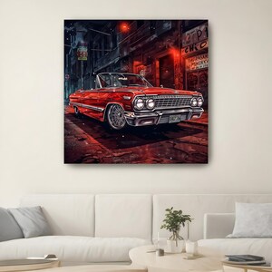 Red Classic Car Canvas Painting , Vintage Car Wall Art, Neon City Life ...