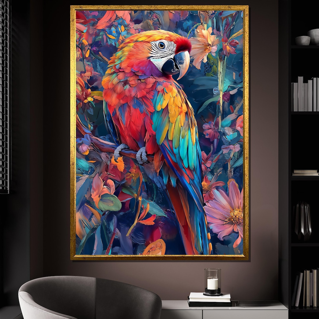 Vibrant Macaw Parrot Canvas Painting, Colorful Bird Wall Art, Exotic ...