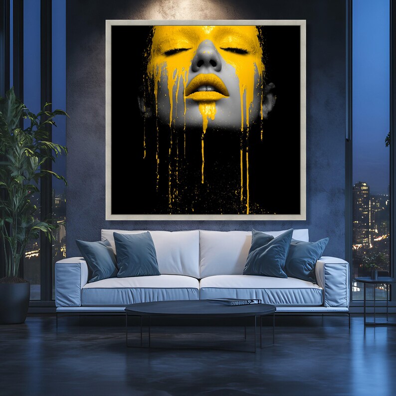 Abstract Yellow Paint Drip Face Canvas, Modern Surreal Wall Art ...