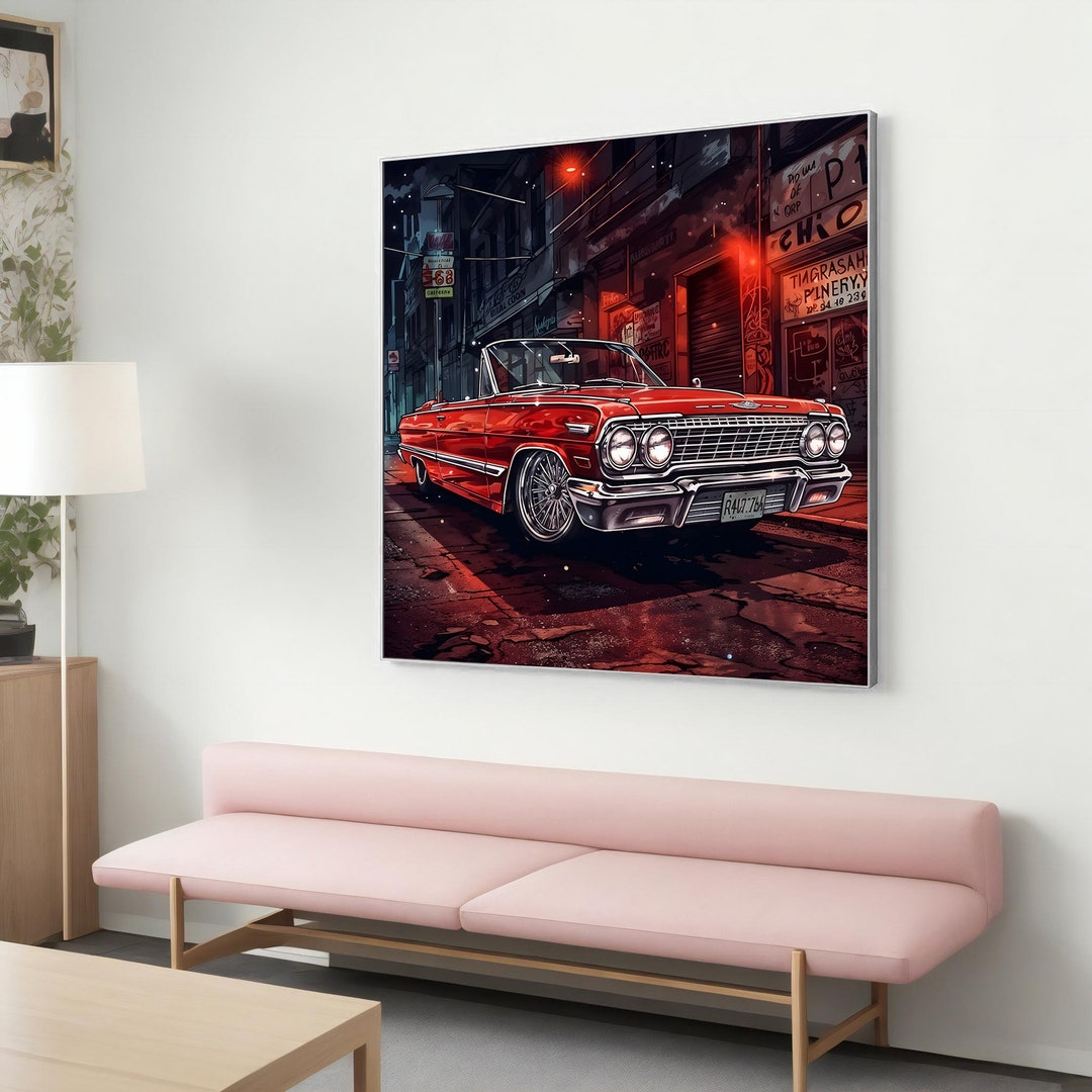 Red Classic Car Canvas Painting , Vintage Car Wall Art, Neon City Life ...