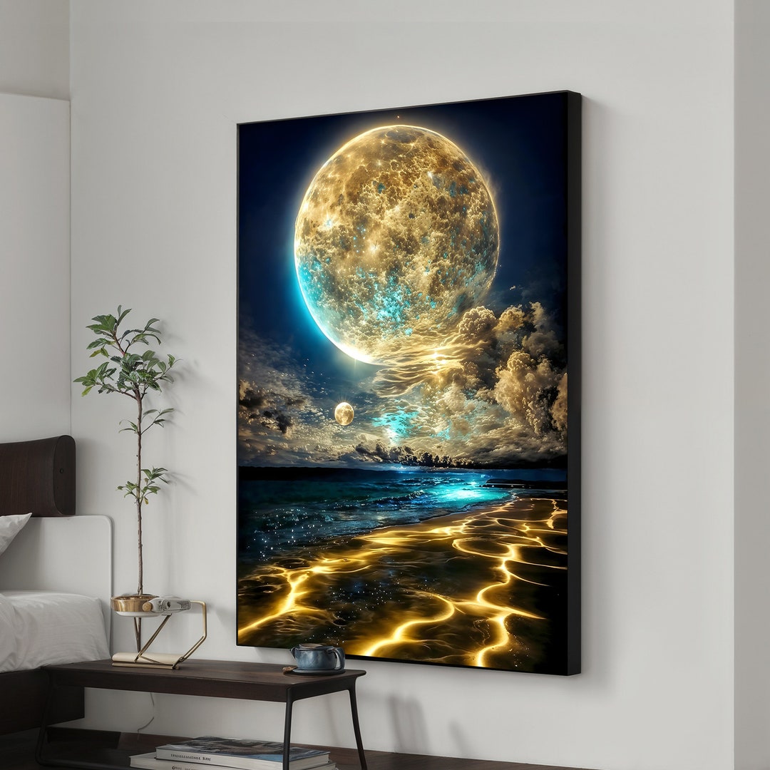 Wall Art Cosmic Moonlight Beach Canvas, Enchanting Night Sky Painting ...