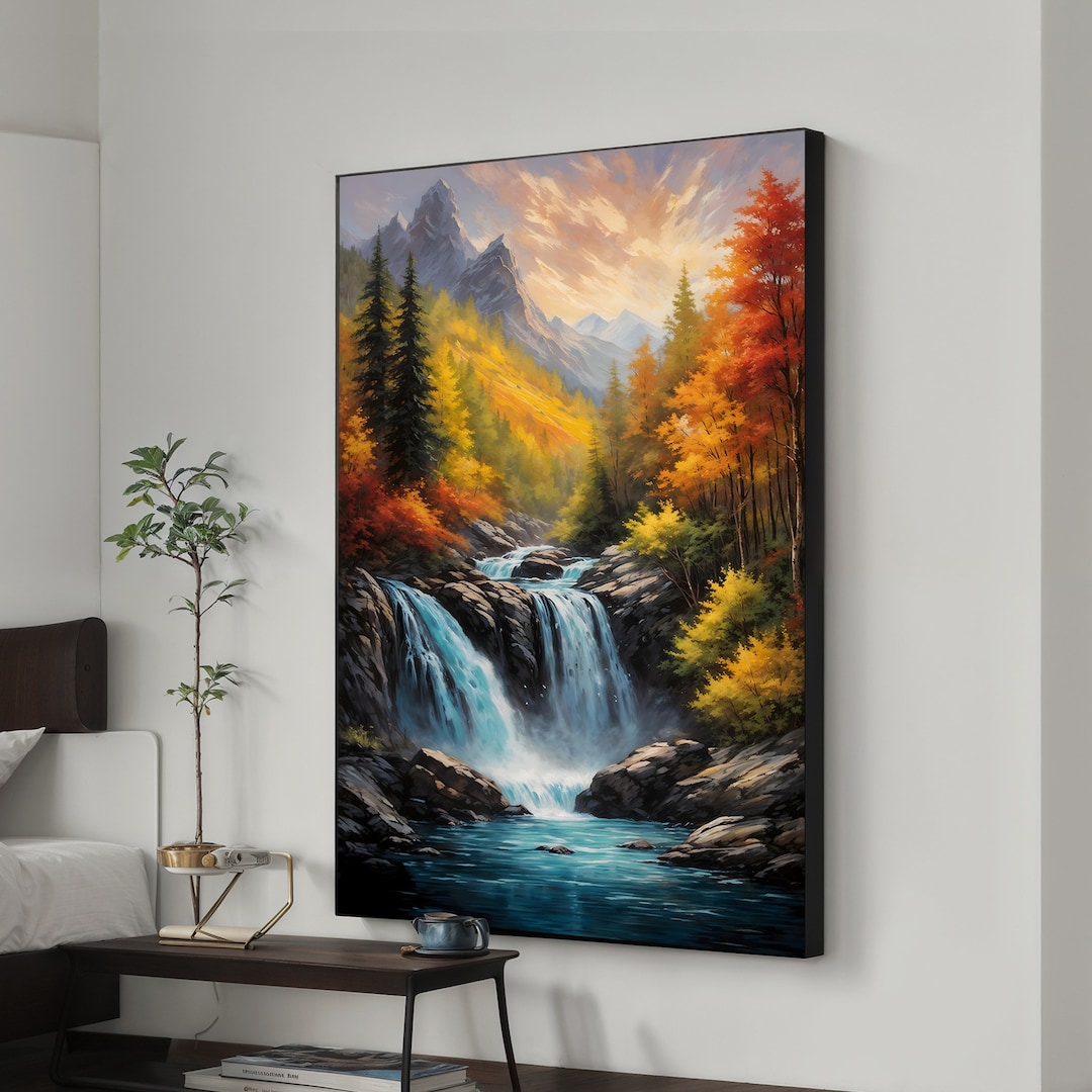Autumn Waterfall Canvas Painting, Home Decor, Vibrant Fall Landscape ...