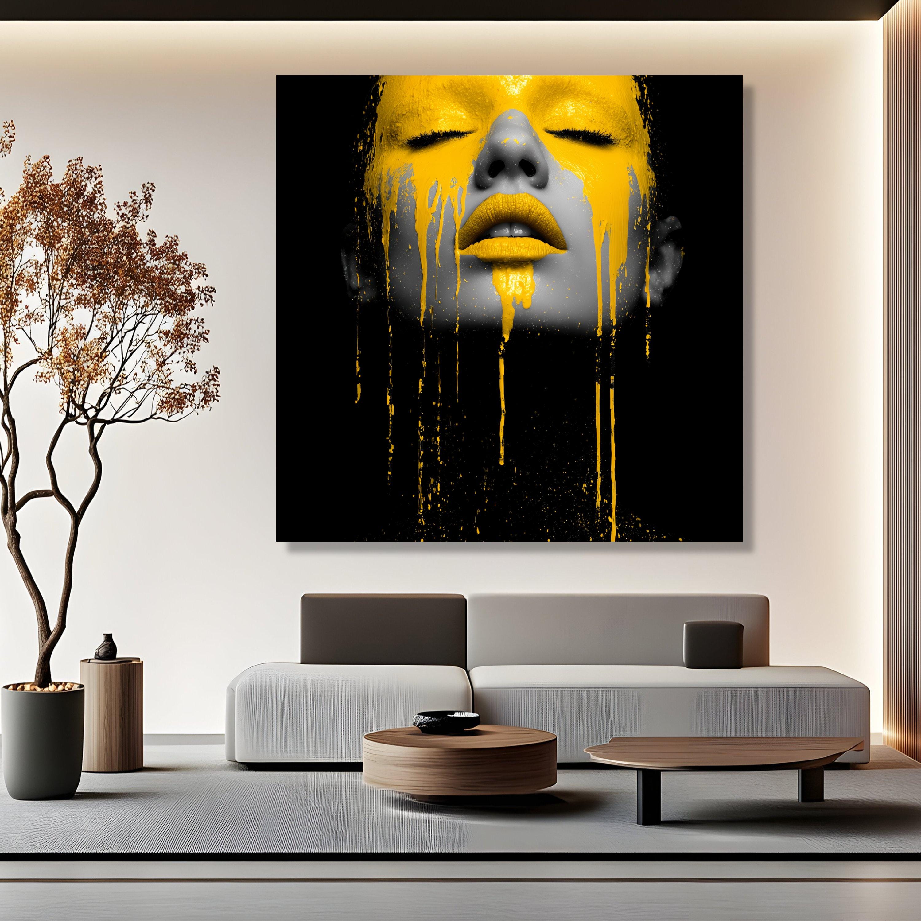 Abstract Yellow Paint Drip Face Canvas, Modern Surreal Wall Art ...