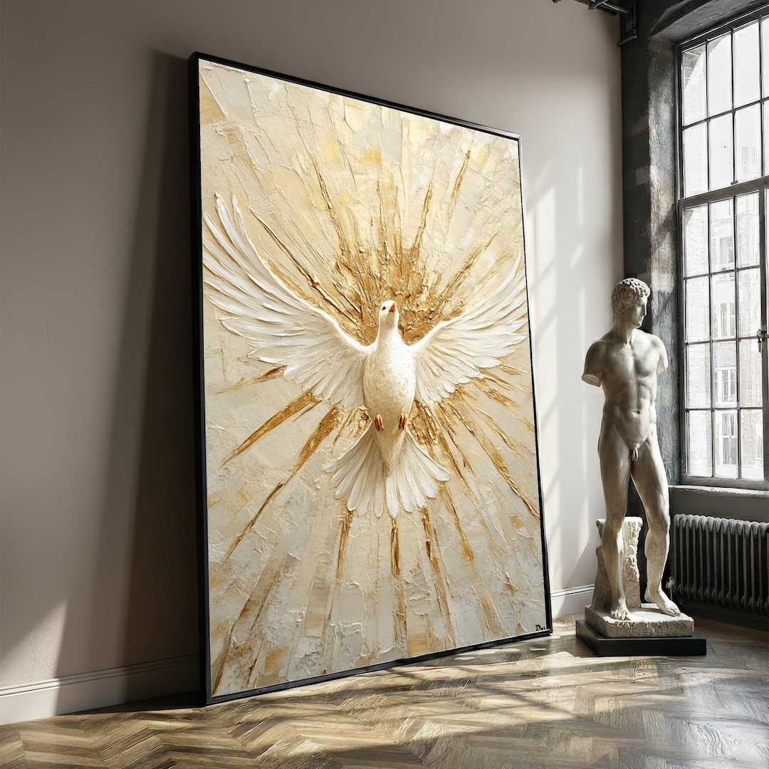 Holy Spirit Dove Canvas Painting, Gold White Religious Wall Art ...