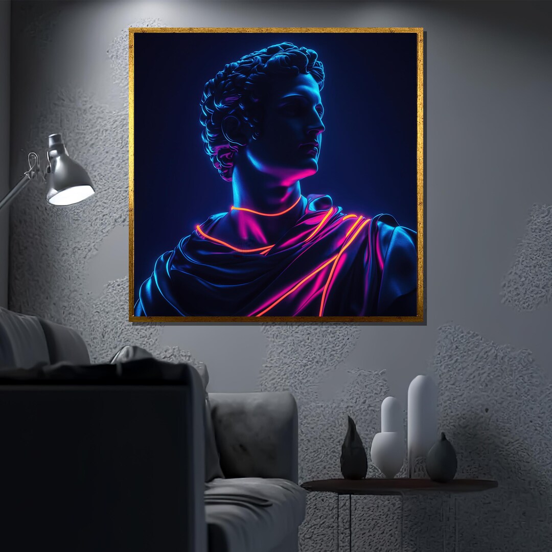 Neon Roman Bust Canvas Painting, Futuristic Greek Statue Wall Art ...