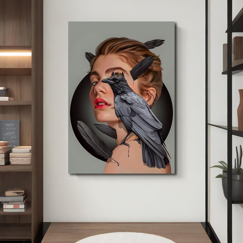 Surreal Crow Woman Portrait Canvas Painting, Gothic Wall Art for Unique ...