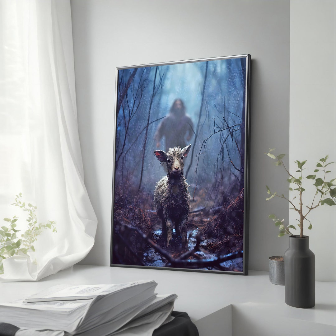 Jesus Chasing Lost Lamb Canvas Painting, Framed Christian Wall Art ...