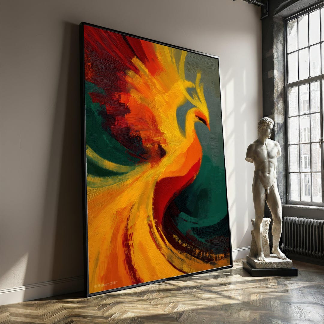 Abstract Phoenix Art Print, Vibrant Fire Bird Canvas Painting With Bold ...