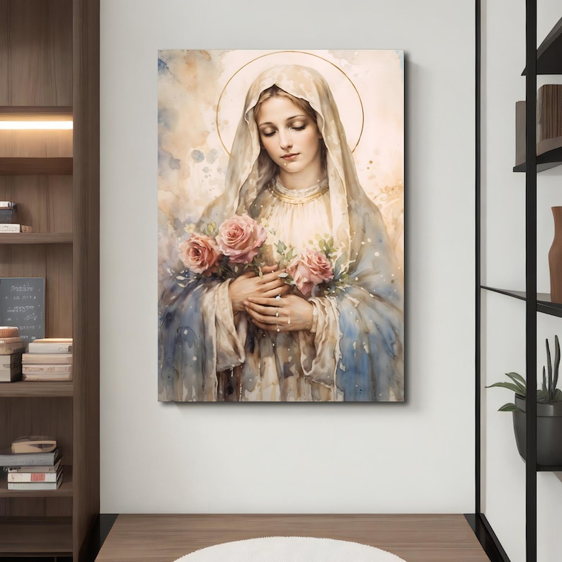Blessed Virgin Mary Art Canvas Painting, Ready to Hang Wall Decor ...