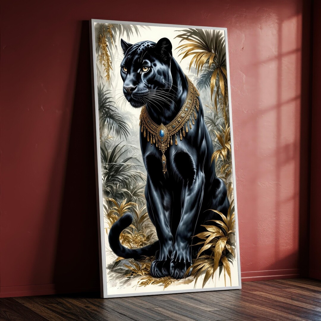 Elegant Black Panther Canvas Painting, Luxury Animal Wall Art, Gold ...