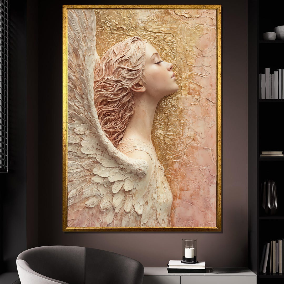 Elegant Angel Canvas Painting, Textured Angelic Wall Art, Golden Wing ...