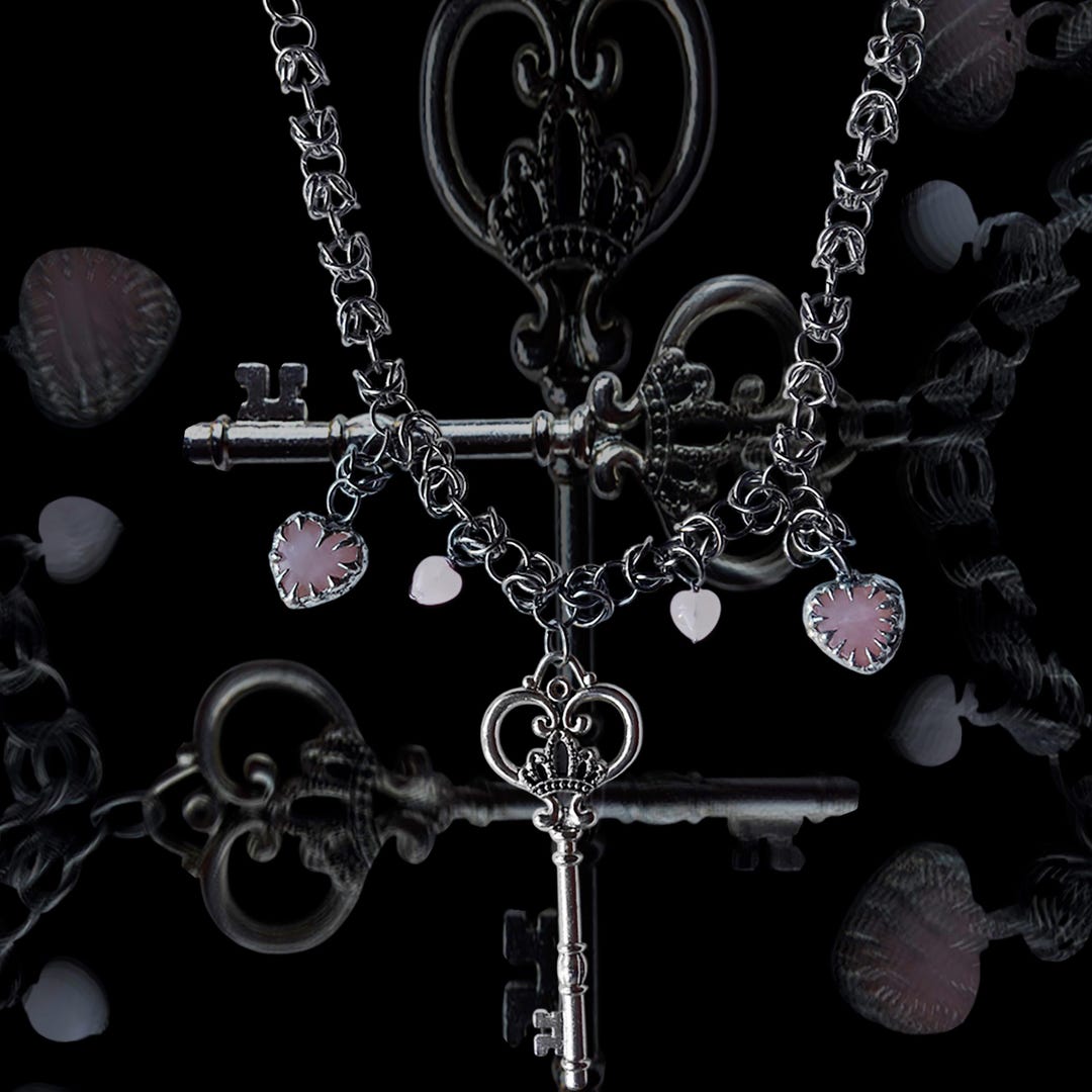 Charm Necklace Gothic Keys and Rose Quartz Hearts, Stainless Steel ...