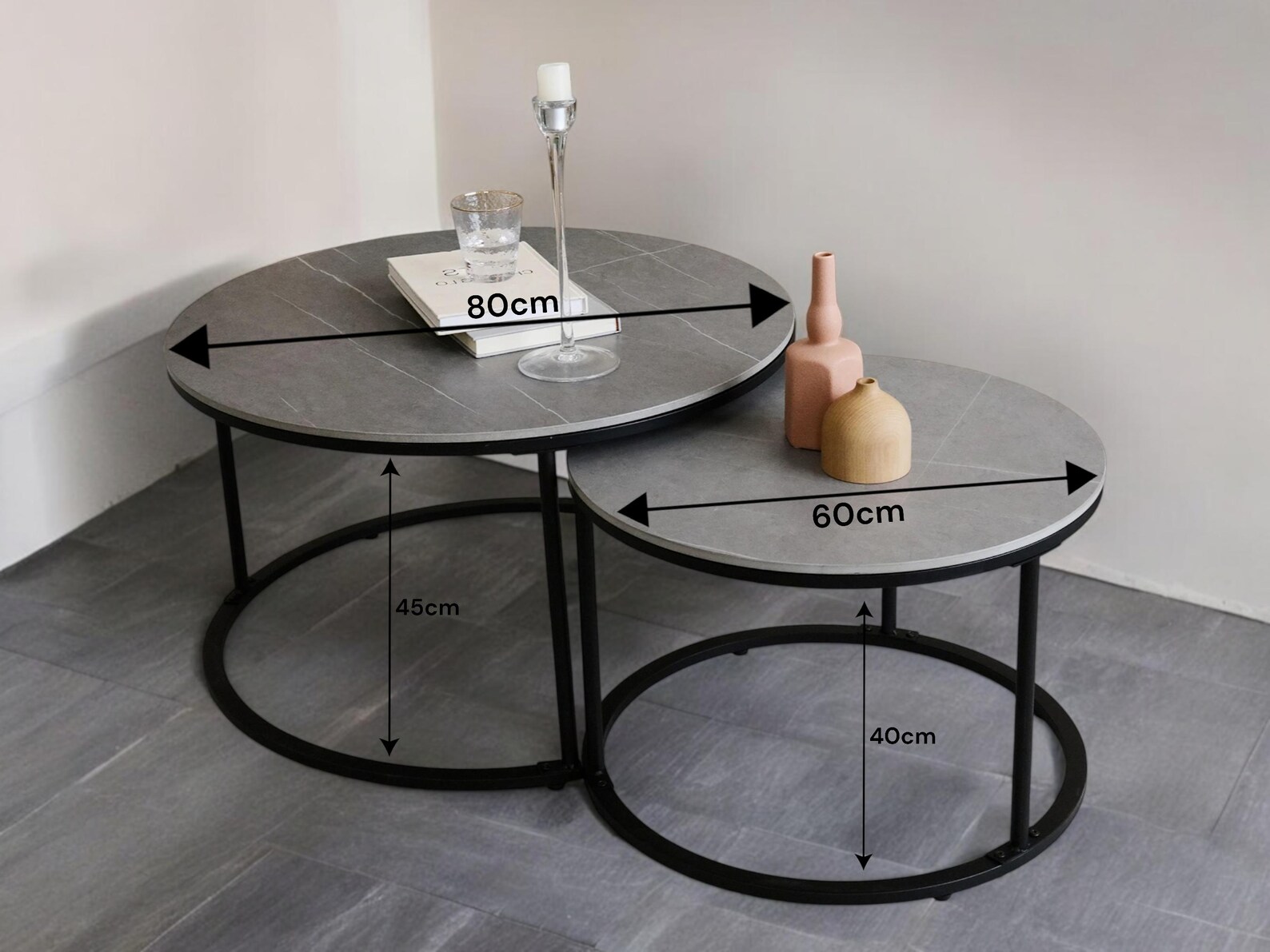 Modern Round Nesting Coffee Table Set of 2 | Grey Marble-inspired, High ...