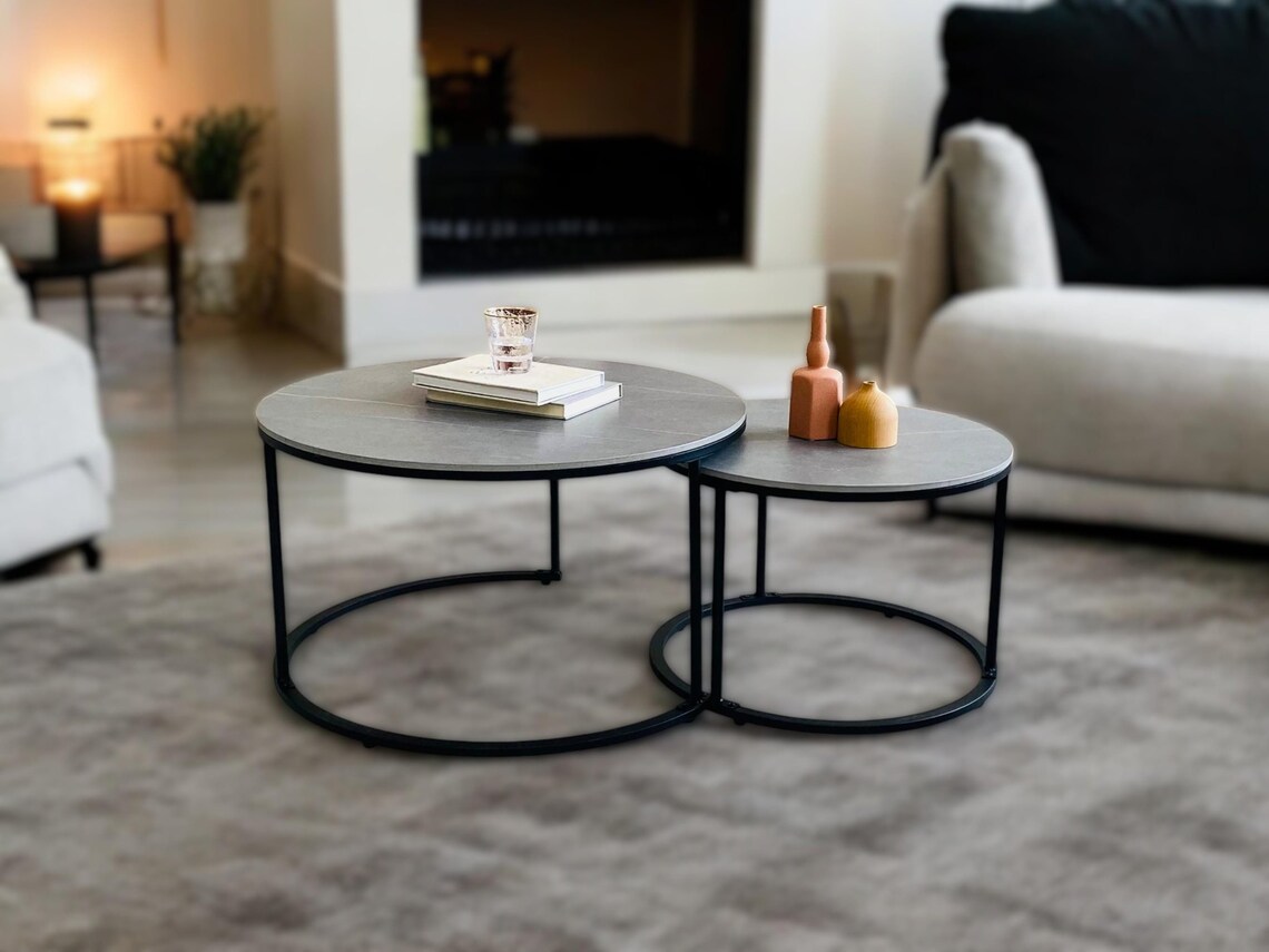 Modern Round Nesting Coffee Table Set of 2 | Grey Marble-inspired, High ...