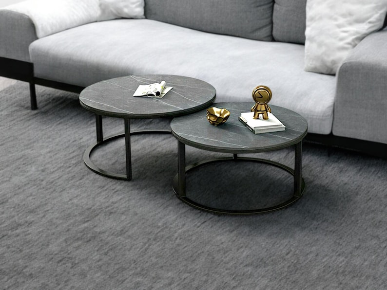 Modern Round Nesting Coffee Table Set of 2 | Grey Marble-inspired, High ...