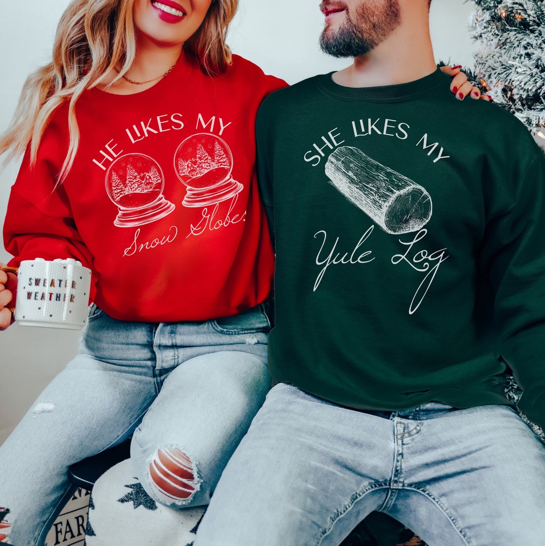 Funny Couple Ugly Christmas Sweaters 'she Likes My Yule Log' & 'he ...