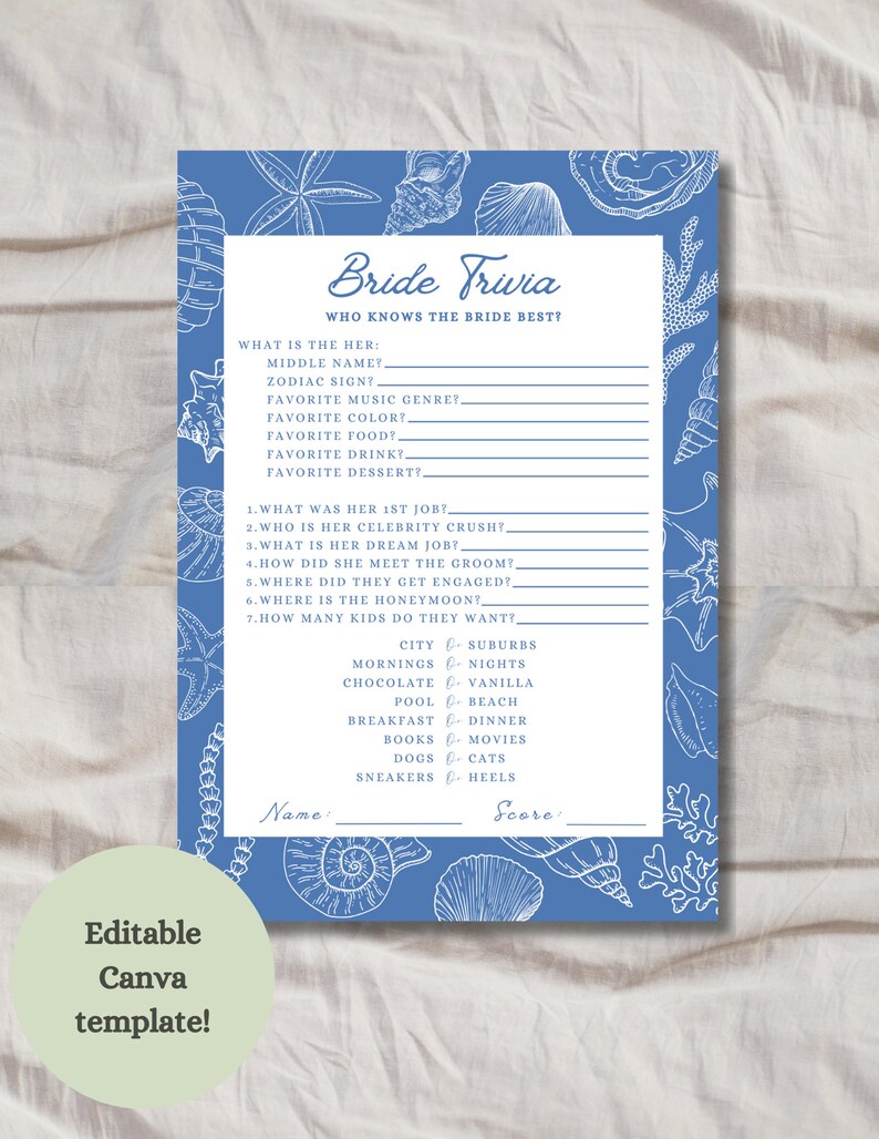 Bridal Shower / Bachelorette Party Game Coastal Shells Bride Trivia ...