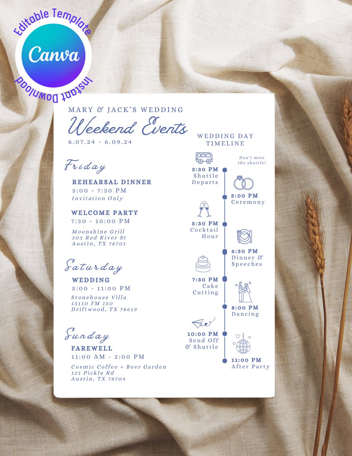 Wedding Weekend Itinerary - Digital Canva Template - Etsy