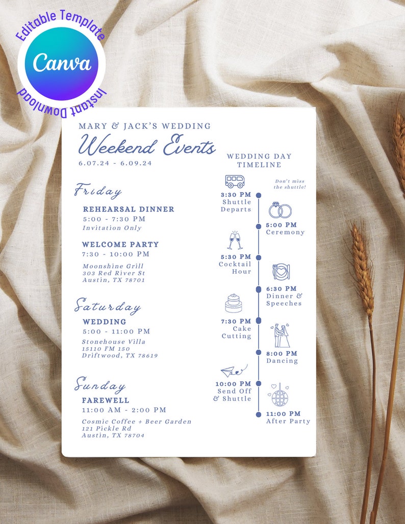 Wedding Weekend Itinerary - Digital Canva Template - Etsy