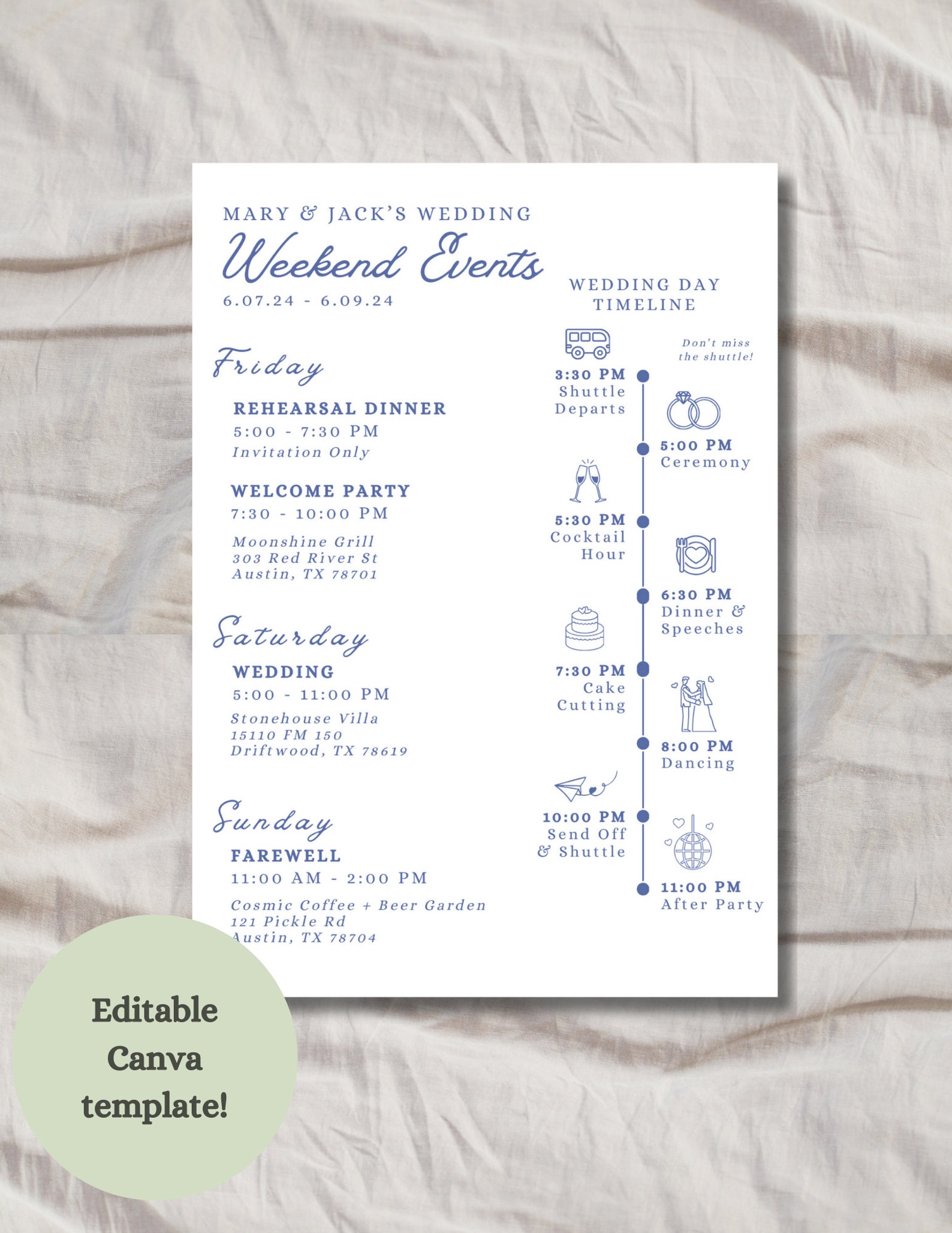 Wedding Weekend Itinerary - Digital Canva Template - Etsy