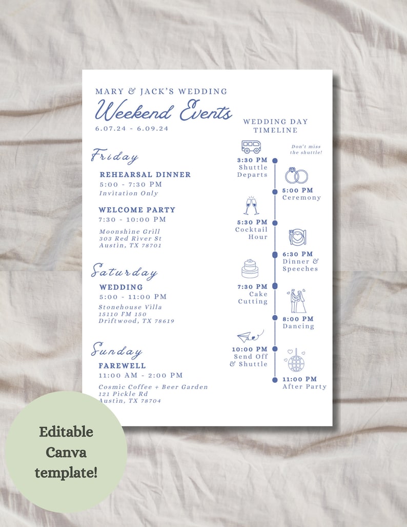 Wedding Weekend Itinerary - Digital Canva Template - Etsy