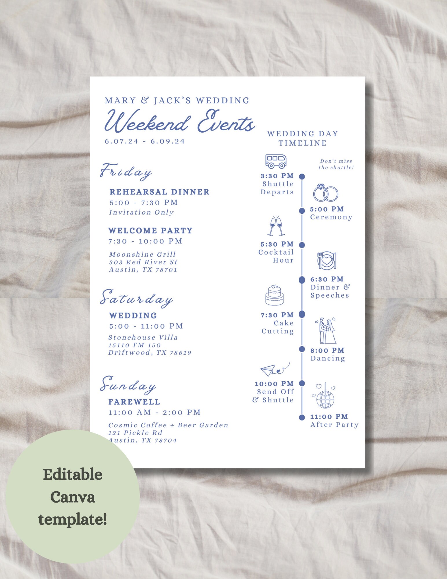 Wedding Weekend Itinerary - Digital Canva Template - Etsy