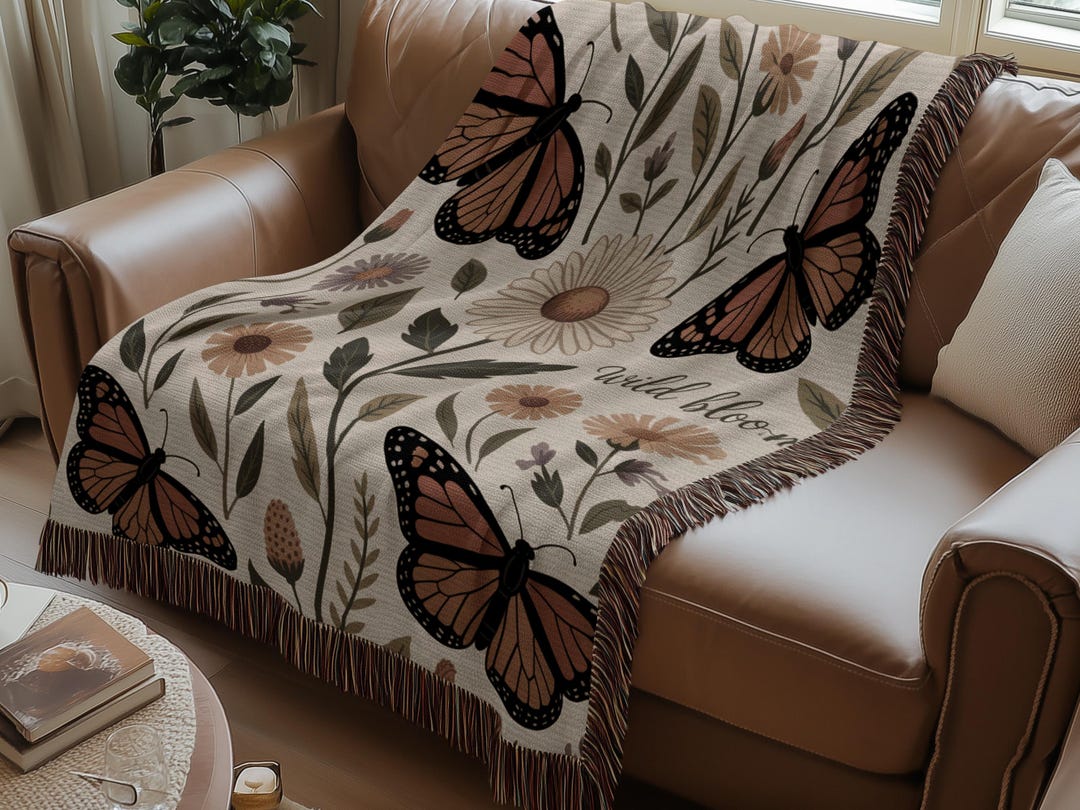 Monarch Butterfly Wildflower Blanket: Woven Cotton Floral Art Throw - Etsy