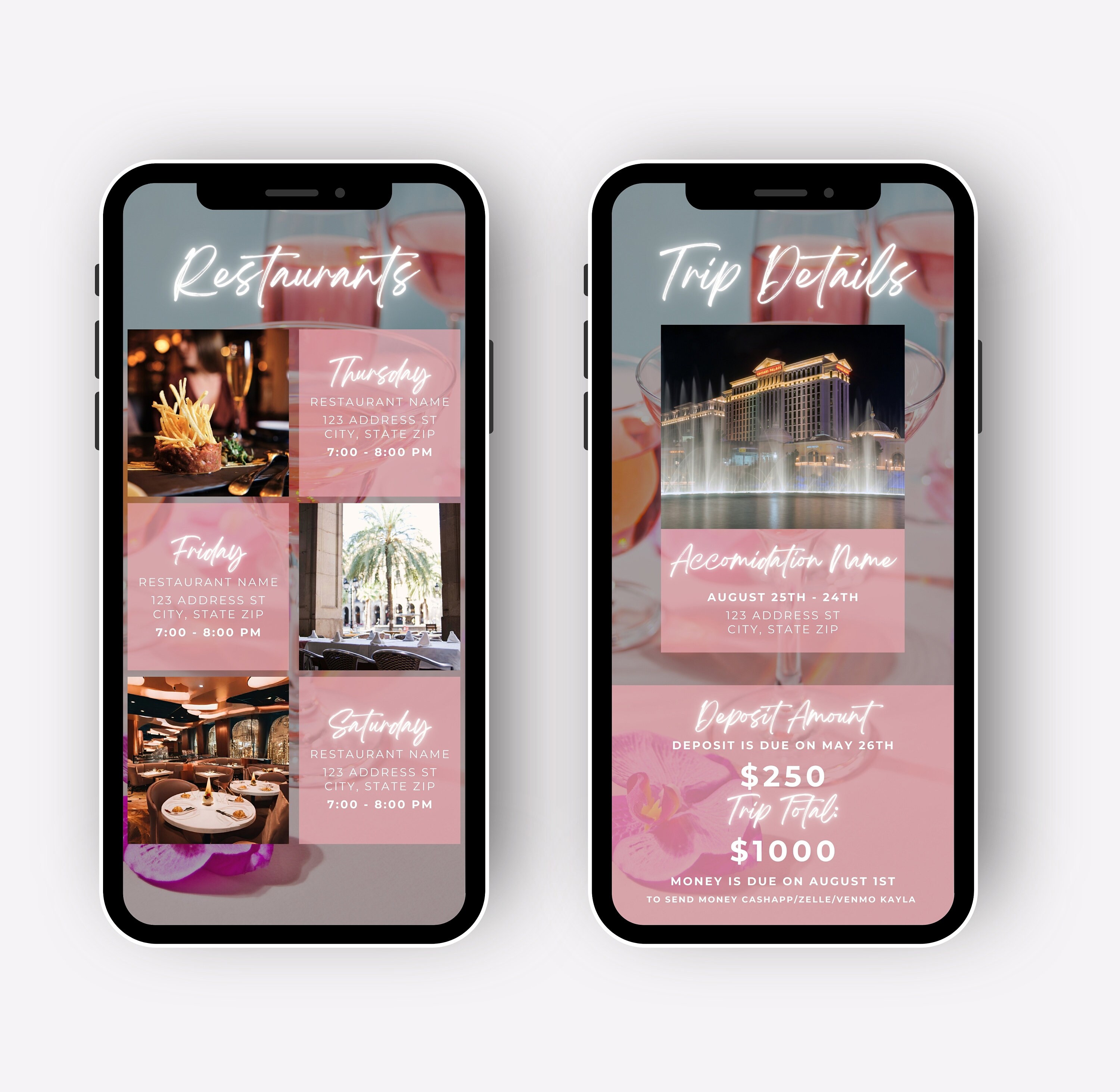 Pink Vacation Girls Trip Itinerary, Birthday Itinerary Template ...