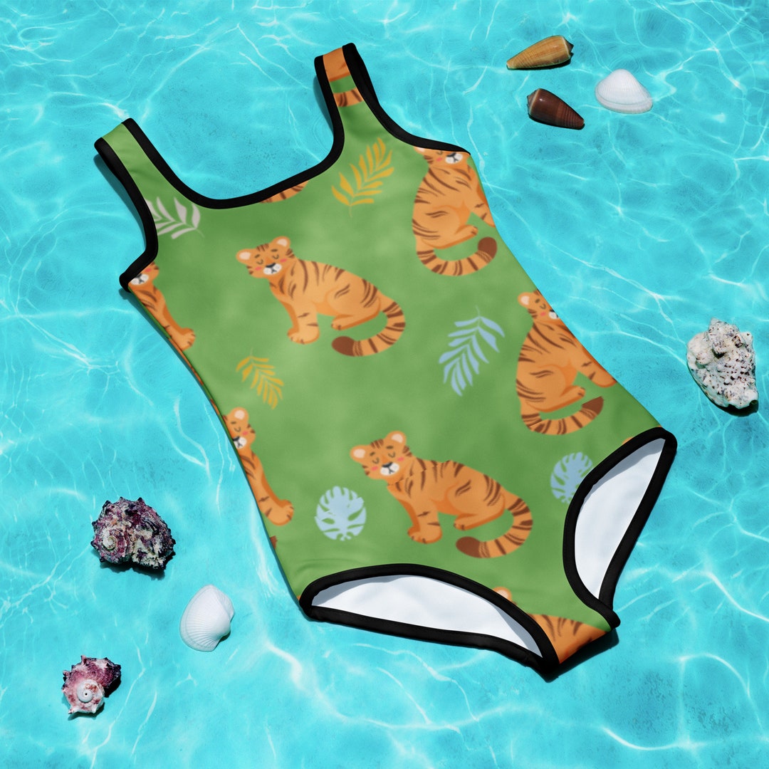 Tiger Jungle Leaves Kids Swimsuit Cute One Piece Bathing Suit for Girls ...