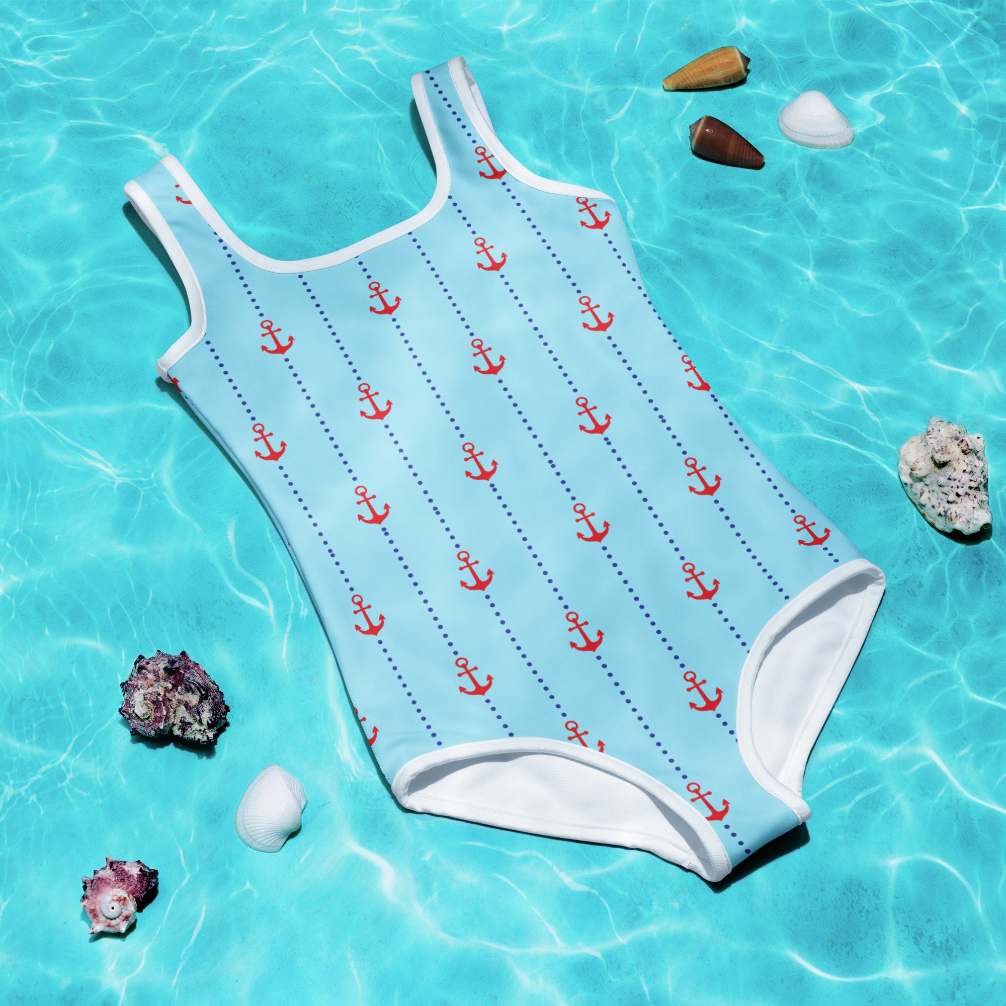 Girls Bathing Suit in Blue & Red Anchor Print Family and Mom-daughter ...
