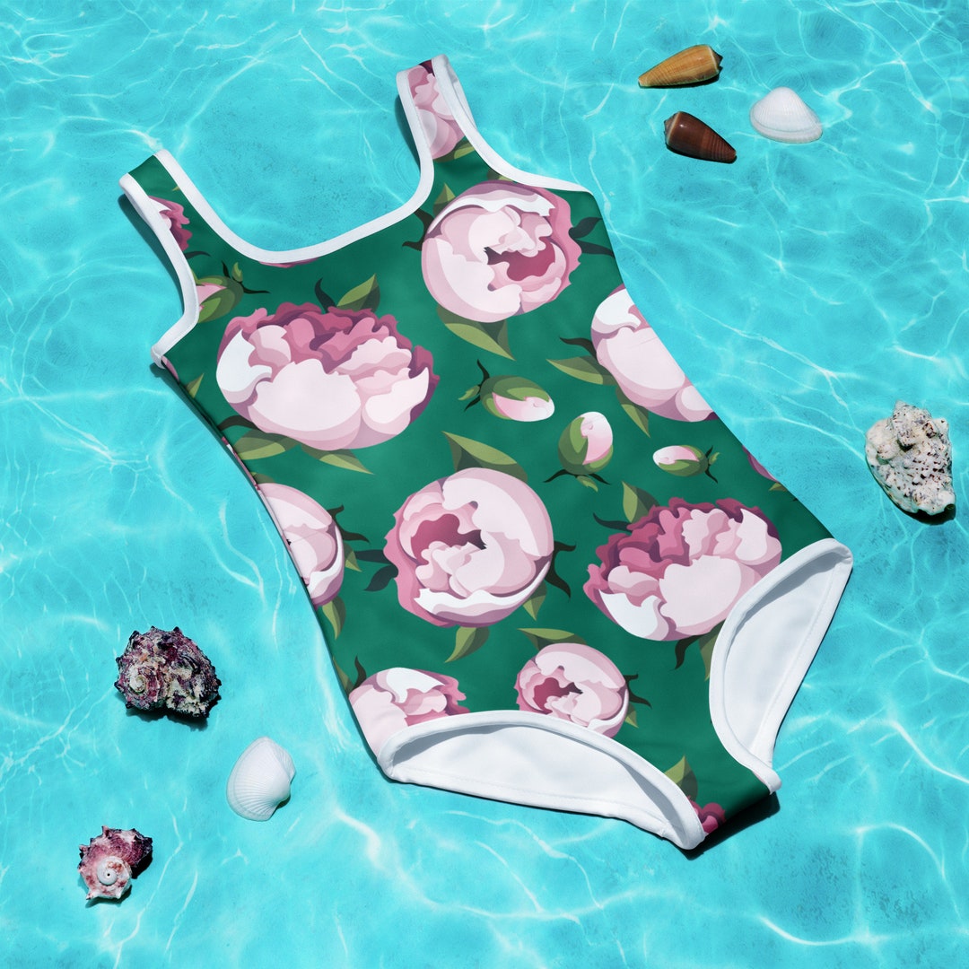 Pink Peonies & Green Background Bathing Suit for Girls, Matching Mommy ...