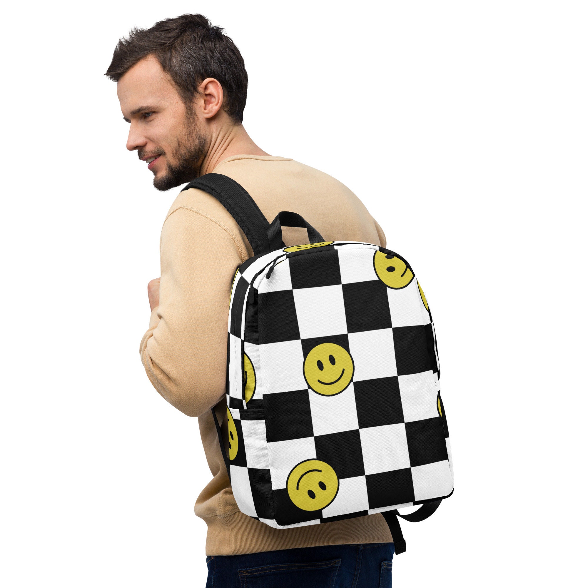 Retro-inspired Backpack - Black & White Checkered With Yellow Smiley ...