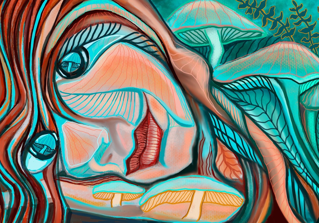 Mushroom Art Print Surreal Mushroom Face Art Print Surreal Fungi Figure ...