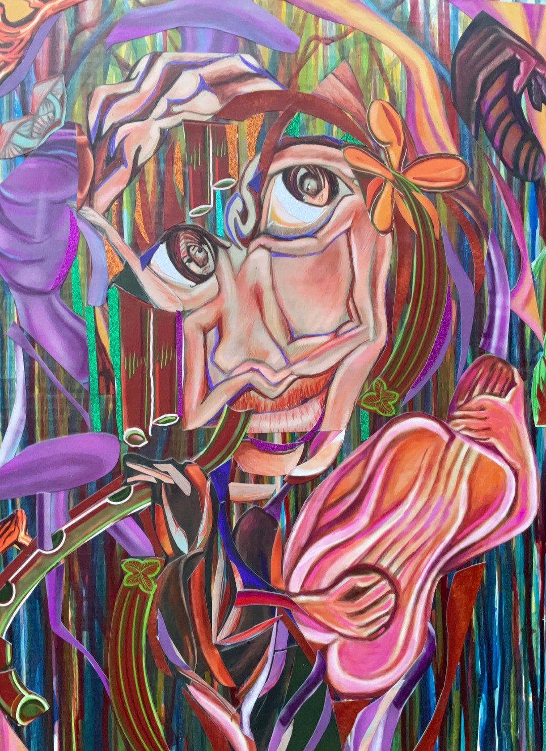 Flute Player Collage Art Acoustic Guitar Collage Art Print Tropical ...