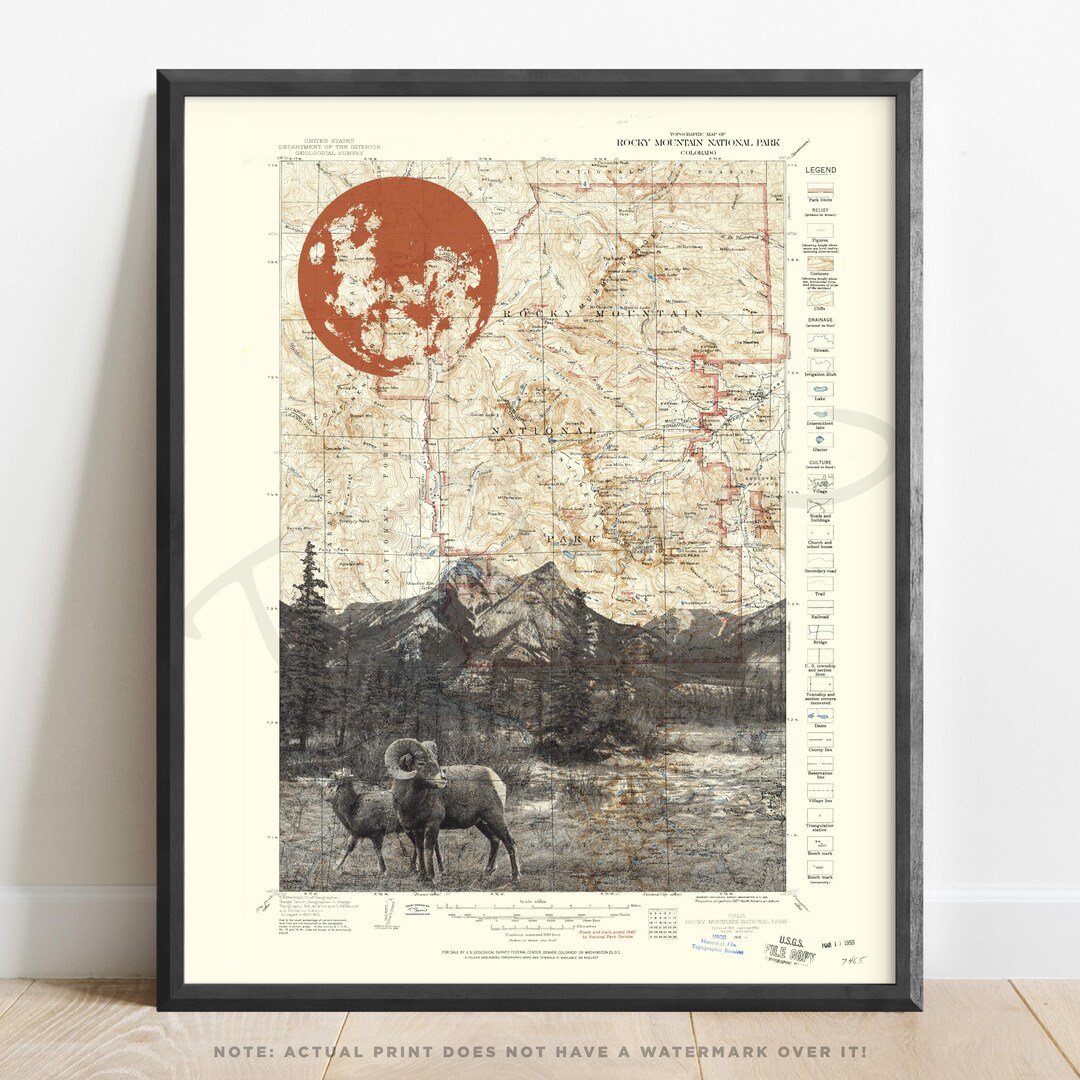 Rocky Mountain National Park Vintage Topographic Map Print - Oversized ...
