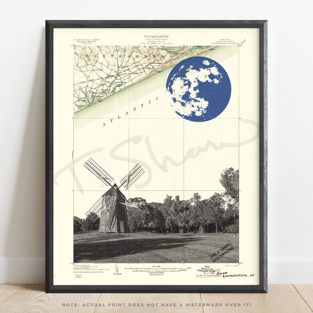 New York | East Hampton Hook Windmill Topographic Art Print | Unique ...