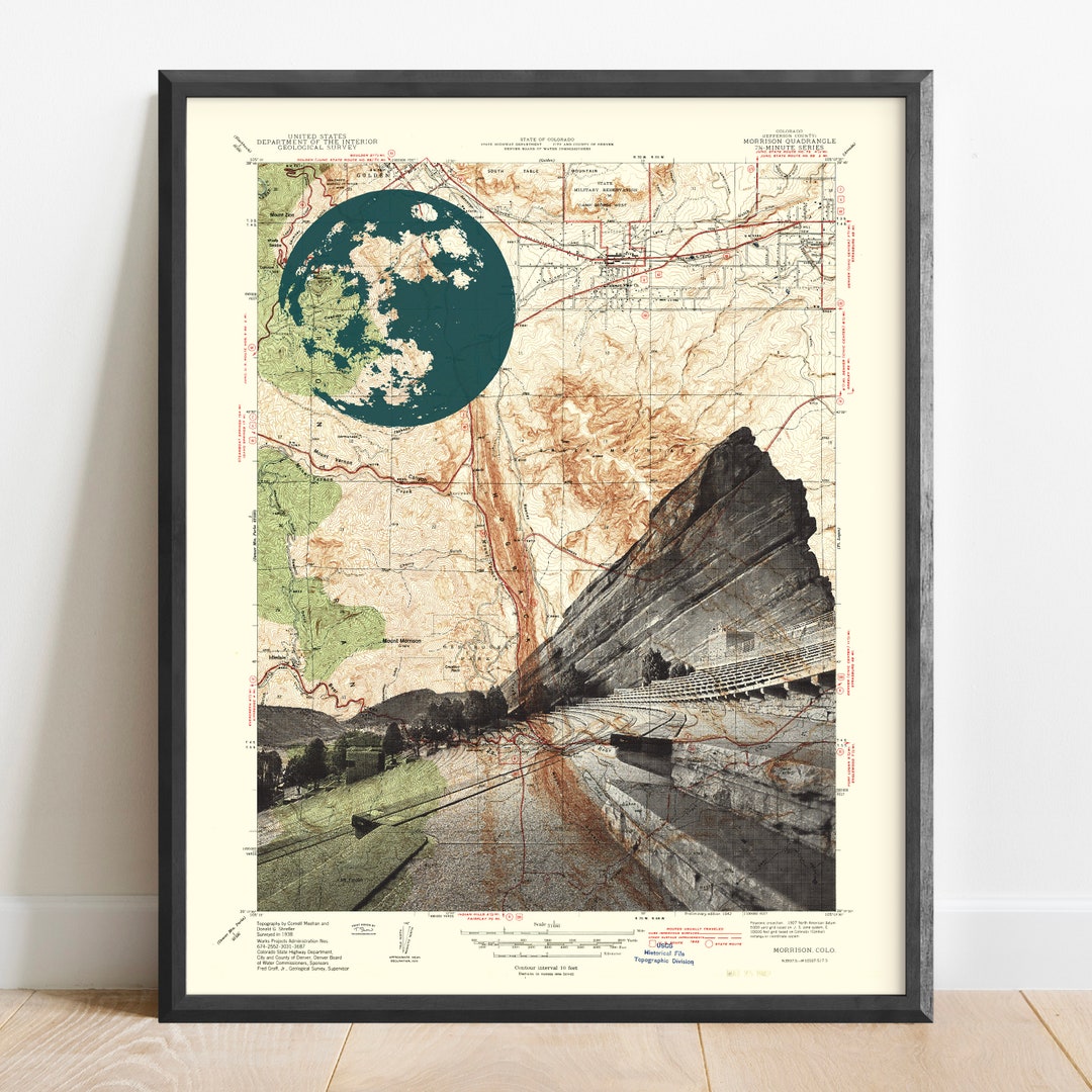 Red Rocks Topographic Map Moon Print, Colorado Landmark Map, Live Music ...