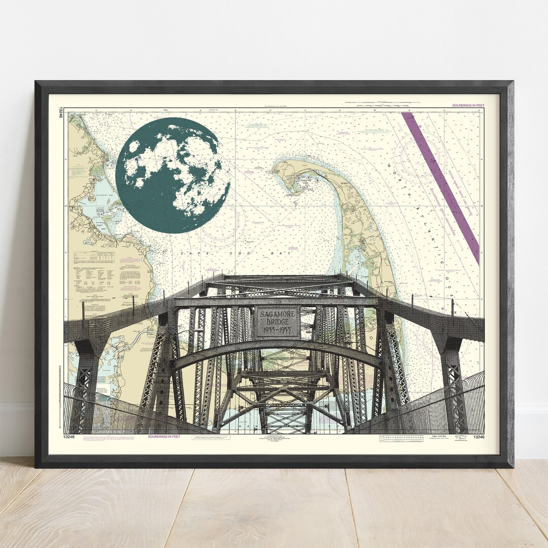 Cape Cod Bay NOAA Chart Moon Print, Sagamore Bridge Map, Massachusetts ...