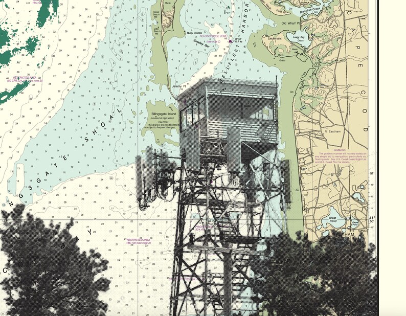 Wellfleet Route 6 Fire Tower NOAA Chart Moon Print, Cape Cod Bay Map ...