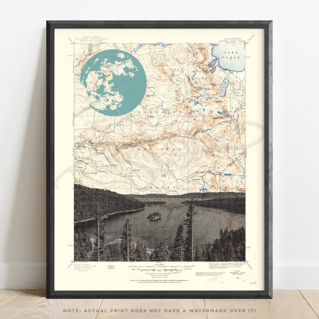 California | Lake Tahoe Topographic Art Print | Emerald Bay Lake Tahoe ...