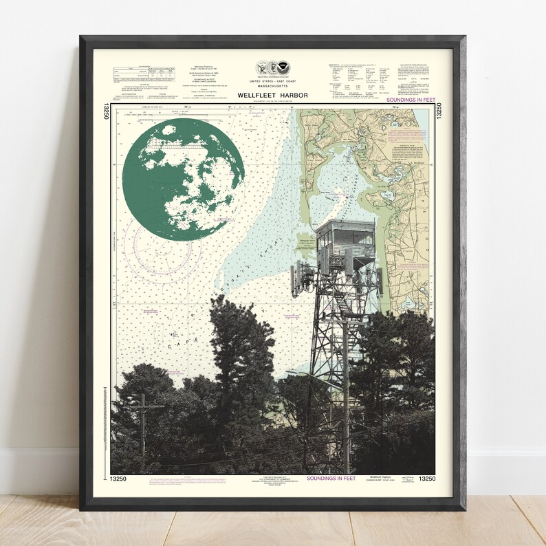 Wellfleet Route 6 Fire Tower NOAA Chart Moon Print, Cape Cod Bay Map ...
